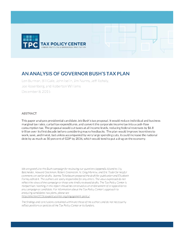 An Analysis of Governor Bush's Tax Plan