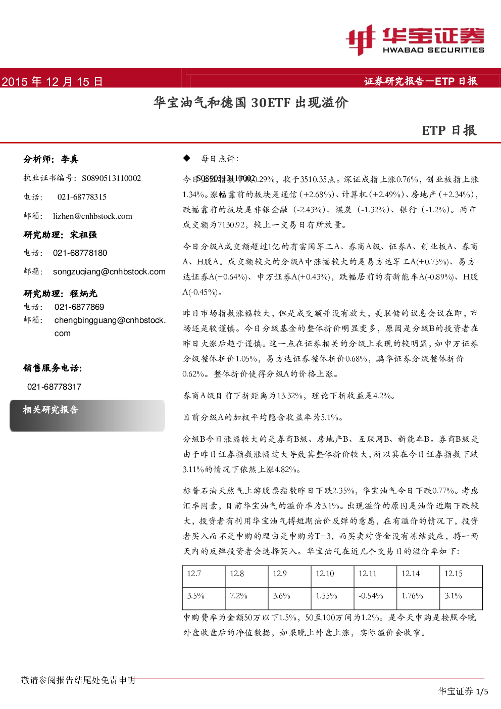 ETP日报：华宝油气和德国30ETF出现溢价