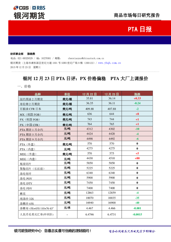 PTA日报：PX价格偏稳 PTA大厂上调报价