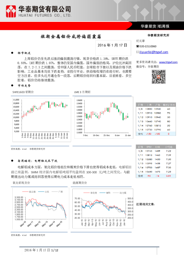 铝周报：短期金属铝价继续震荡