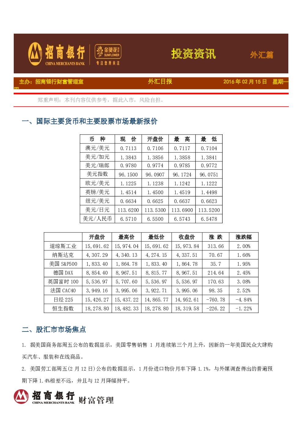 招商银行金葵花投资快讯外汇篇