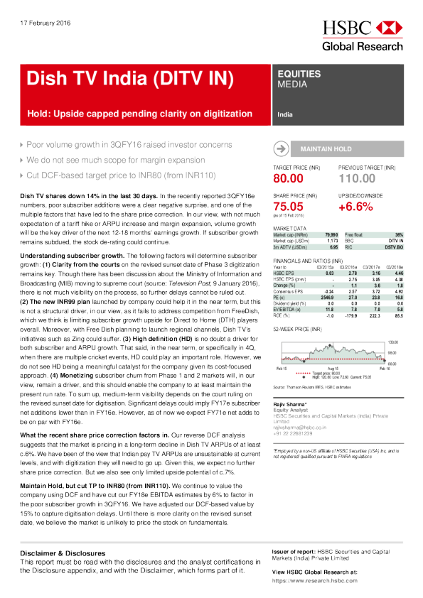 印度Dish TV（DITV IN）：持有：上行空间受制于数字化的清晰度