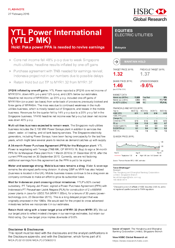 YTL POWER INTERNATIONAL（YTLP.MK）：持有：PAKA POWER PPA需要收益