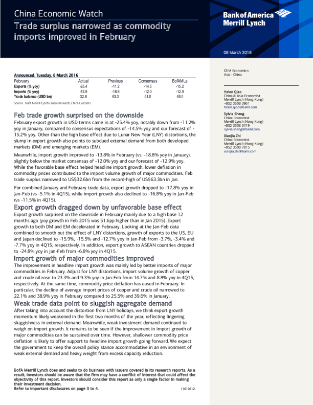 2月商品进口增加，贸易顺差收窄