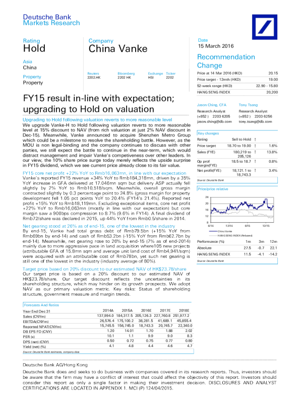 FY15 result in-line with expectation;upgrading to Hold on valuation