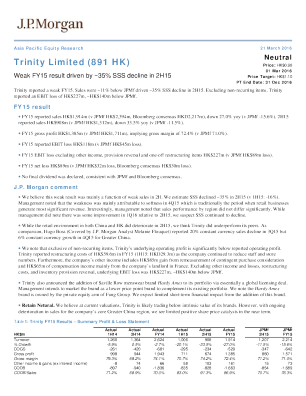 2015财年业绩疲弱，受2H15的同店销售下降约35％