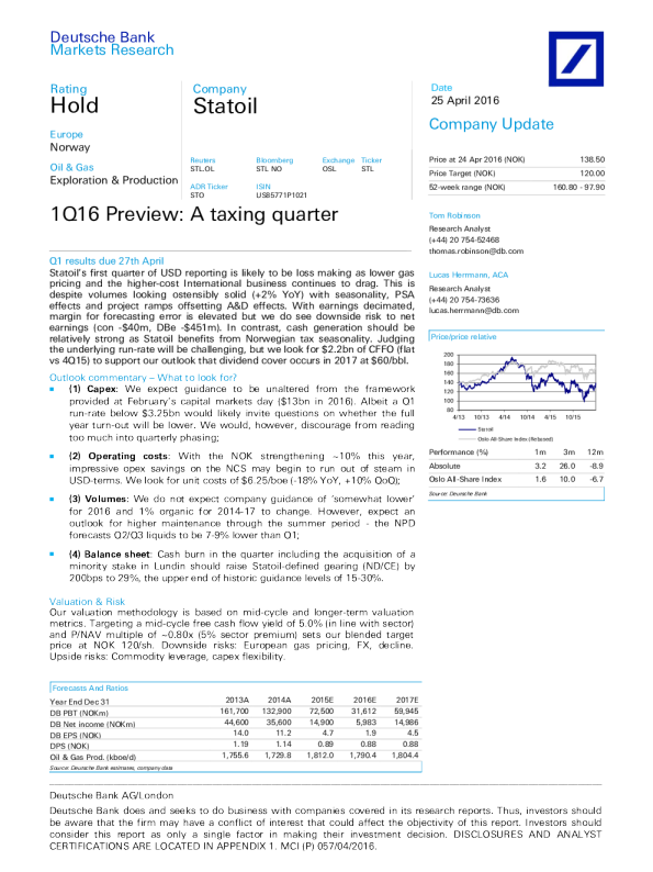 STATOIL（STL.OL）：1Q16预览：计税季度