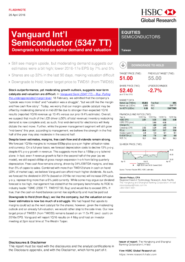 VANGUARD INT'L SEMICONDUCTOR（5347.TT）：降级，以保持软需求和评估价值