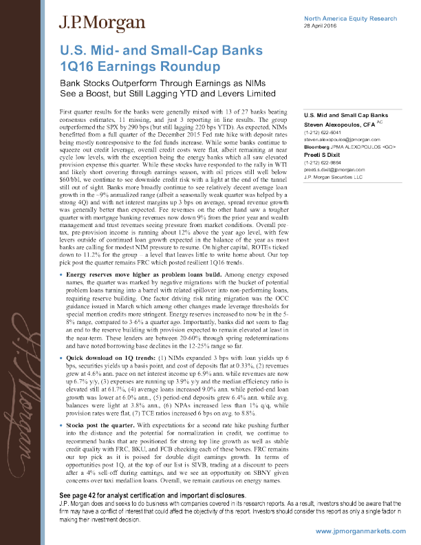 U.S. Mid- and Small-Cap Banks 1Q16 Earnings Roundup: Bank Stocks ...