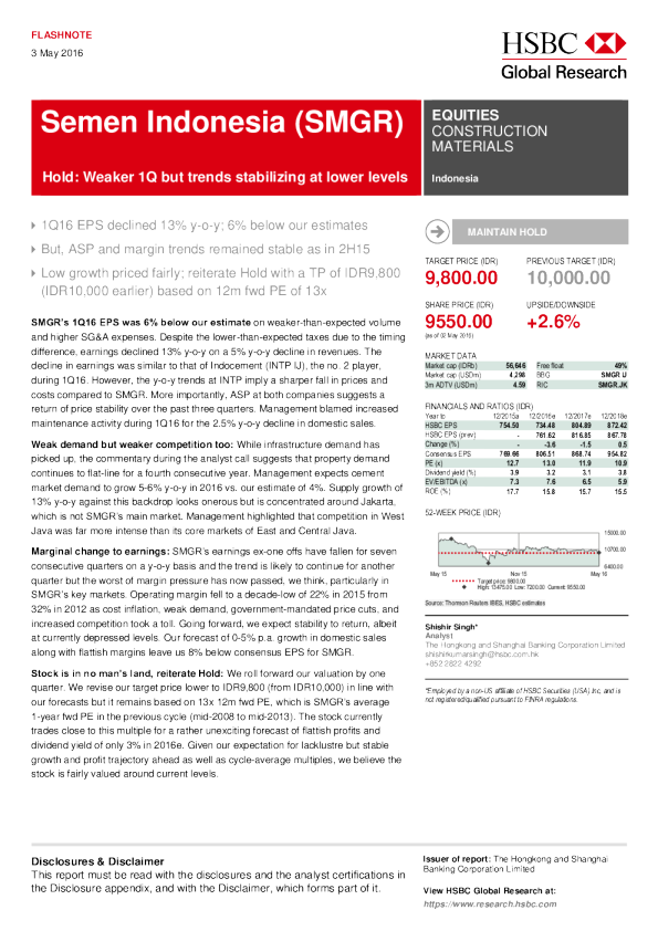 印度尼西亚印度尼西亚（SMGR）：持有：弱者1季度趋势稳定在较低水平