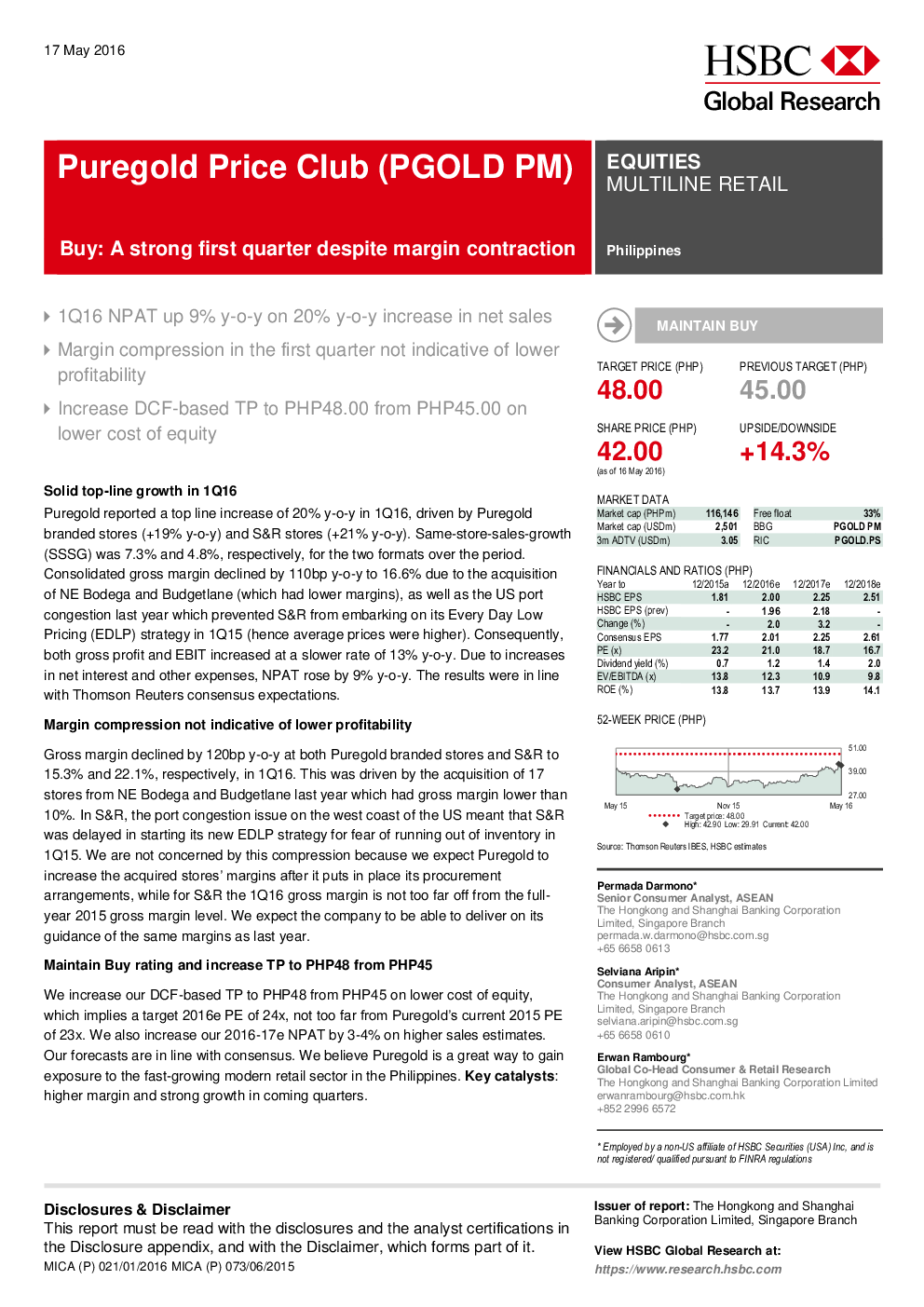 PUREGOLD PRICE CLUB（PGOLD.PM）：买入：强劲的第一季度尽管保证金交易