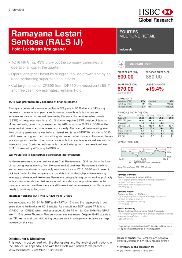 RAMAYANA LESTARI SENTOSA（RALS.IJ）：持有：拉斯特第一季度