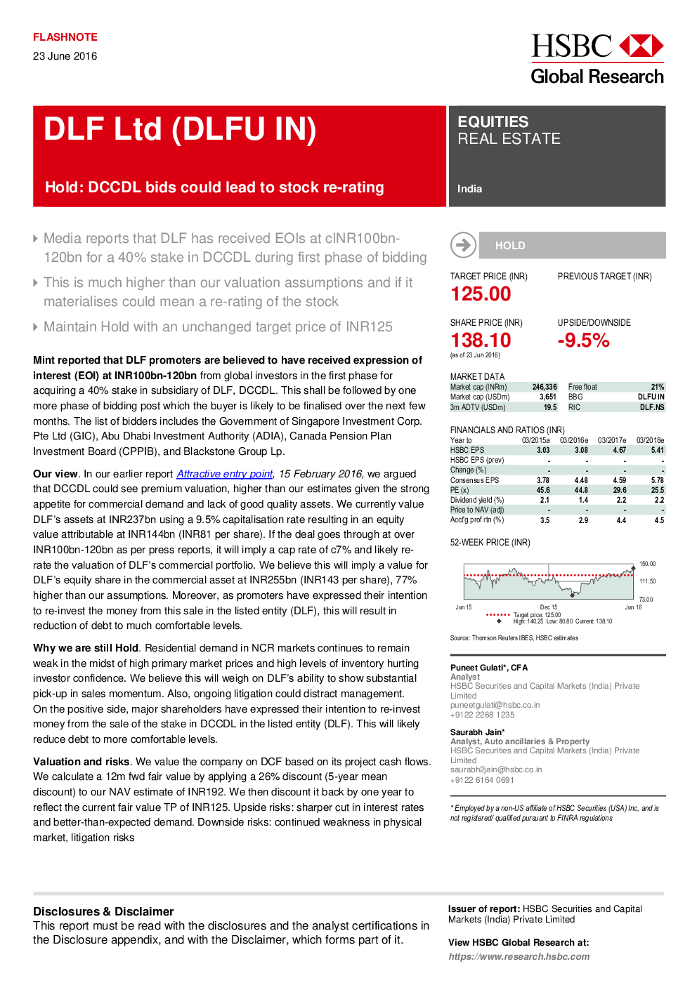 DLF Ltd：持有：DCCDL的出价可能导致股票重估