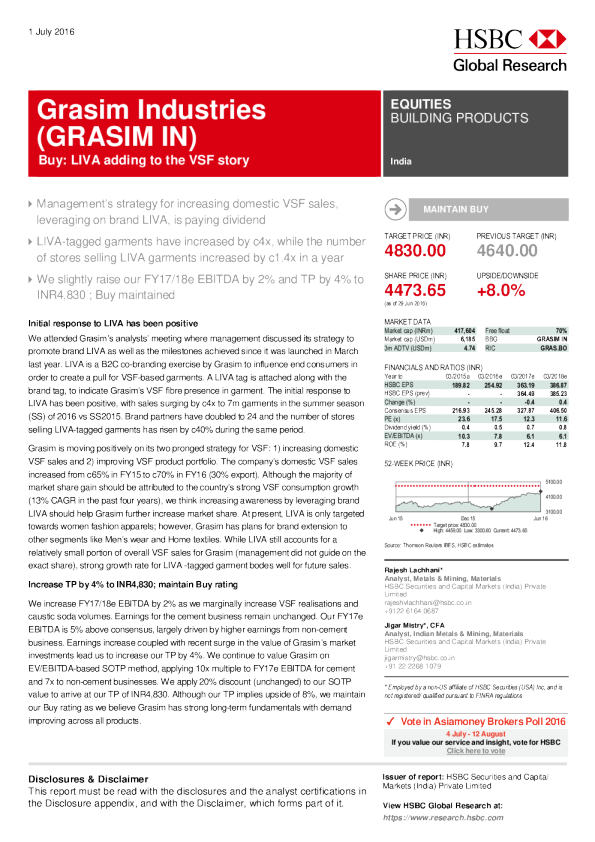 Grasim Industries（GRASIM IN）：购买：LIVA添加到VSF故事中