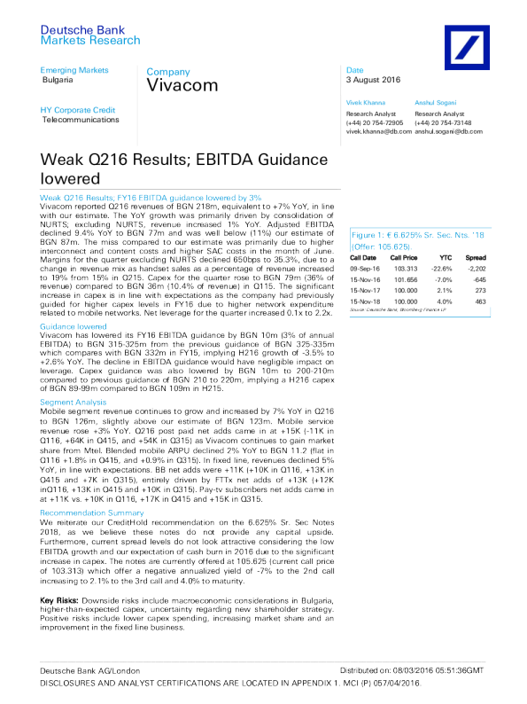 Q216结果不佳； EBITDA指导降低