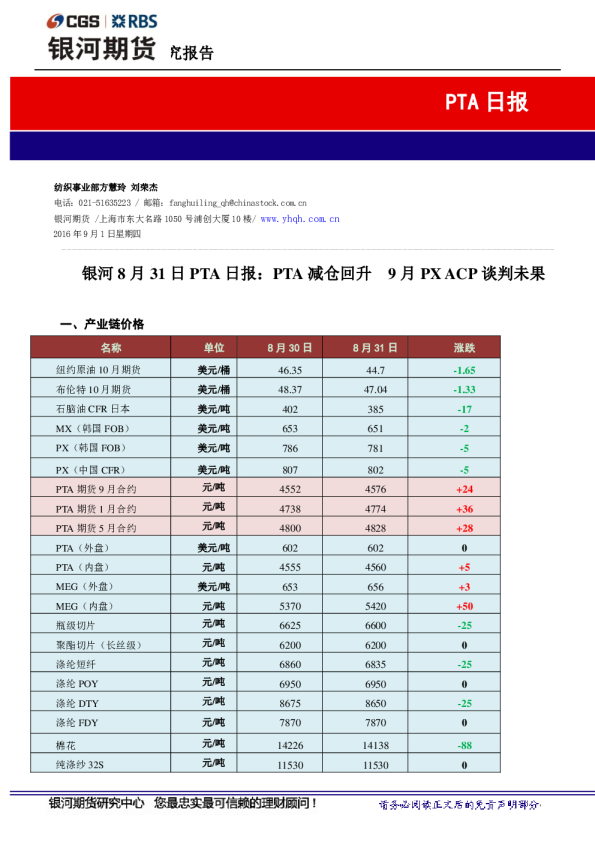 PTA日报：PTA减仓回升9月PX ACP谈判未果
