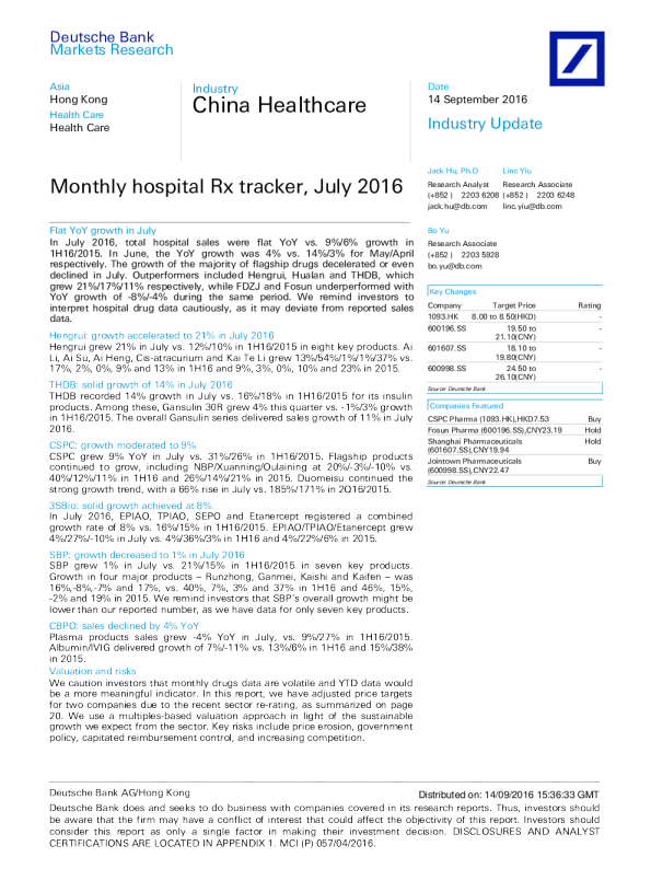 China Healthcare: Monthly hospital Rx tracker, July 2016