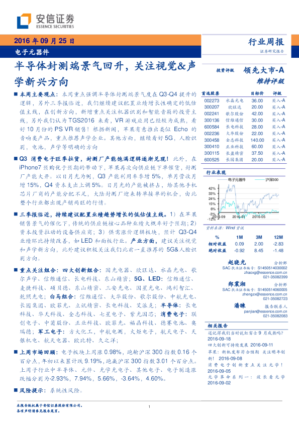 电子元器件行业周报：半导体封测端景气回升，关注视觉and声学新兴方向