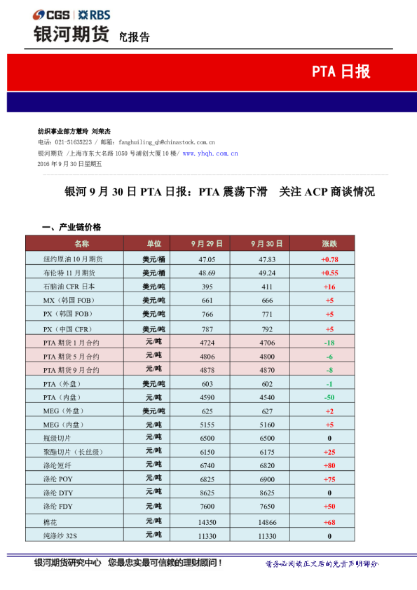 PTA日报：PTA震荡下滑关注ACP商谈情况