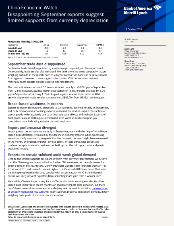 Disappointing September exports suggest limited supports from currency ...
