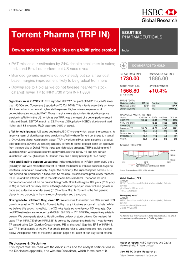 Torrent Pharma（TRP IN）：评级下调为持有：第2季度下滑，原因是价格下跌