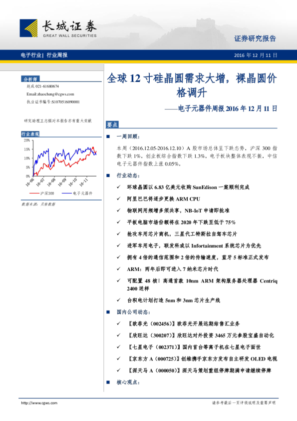 电子元器件行业周报2016年12月11日：全球12寸硅晶圆需求大增，裸晶圆价格调升