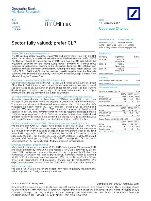 HK Utilities:Sector fully valued; prefer CLP