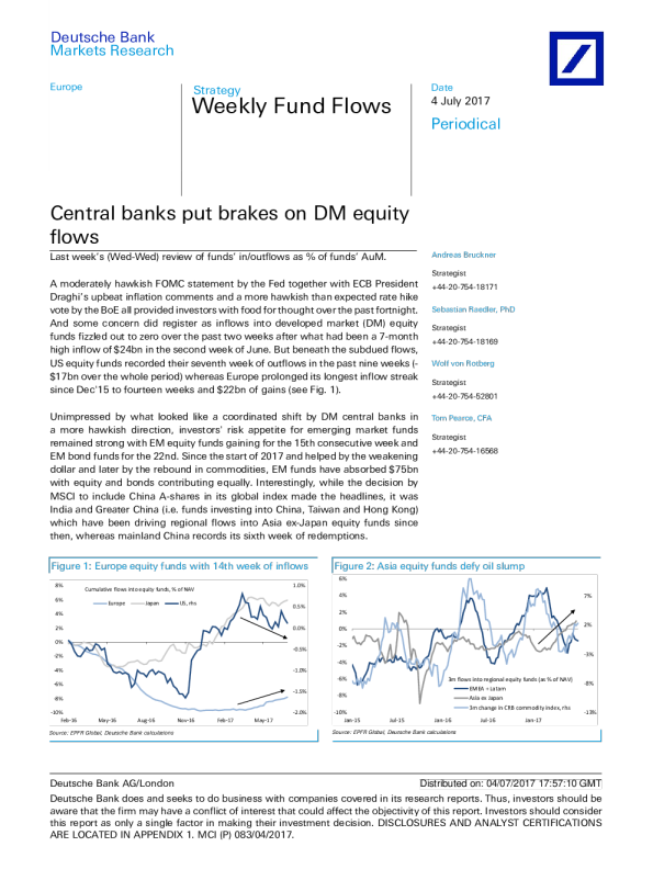 WEEKLY FUND FLOWS:CENTRAL BANKS PUT BRAKES ON DM EQUITY FLOWS
