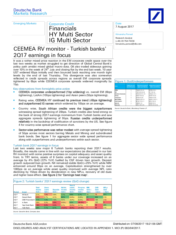 CEEMEA RV monitor - Turkish banks' 2Q17 earnings in focus