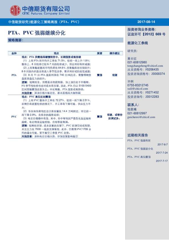 能源化工策略周报（PTA、PVC）：PTA、PVC强弱继续分化