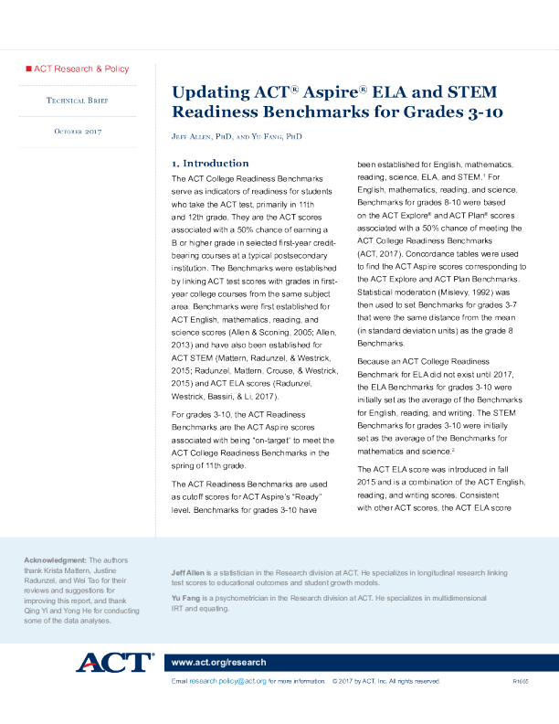 Updating ACT Aspire ELA and STEM Readiness Benchmarks for Grades 3-10