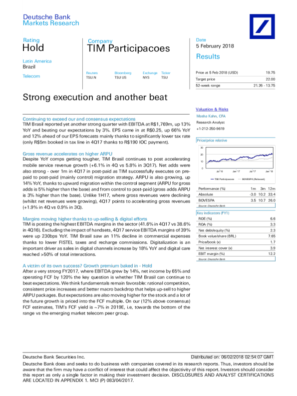 TIM Participacoes（TSU.N）强大的执行力和另一个优势