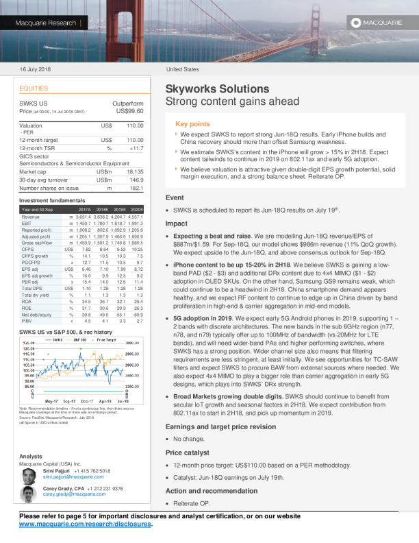 Skyworks解决方案未来将有大量内容获得