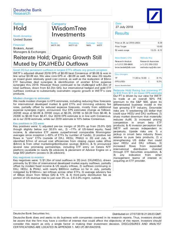 WisdomTree Investments（WETF.OQ）重申持有； DXJ / HEDJ流出仍使有机增长静音