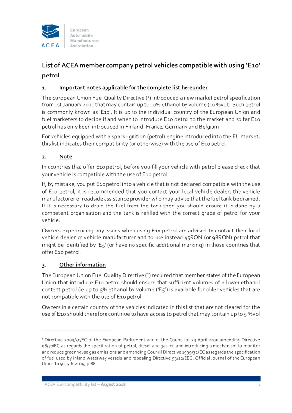 E10 petrol fuel: vehicle compatibility list