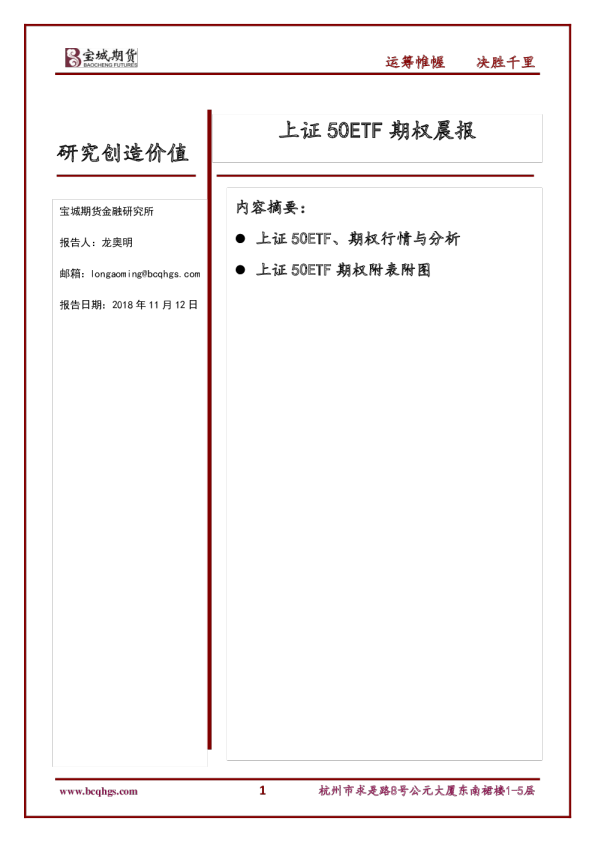 上证50ETF期权晨报
