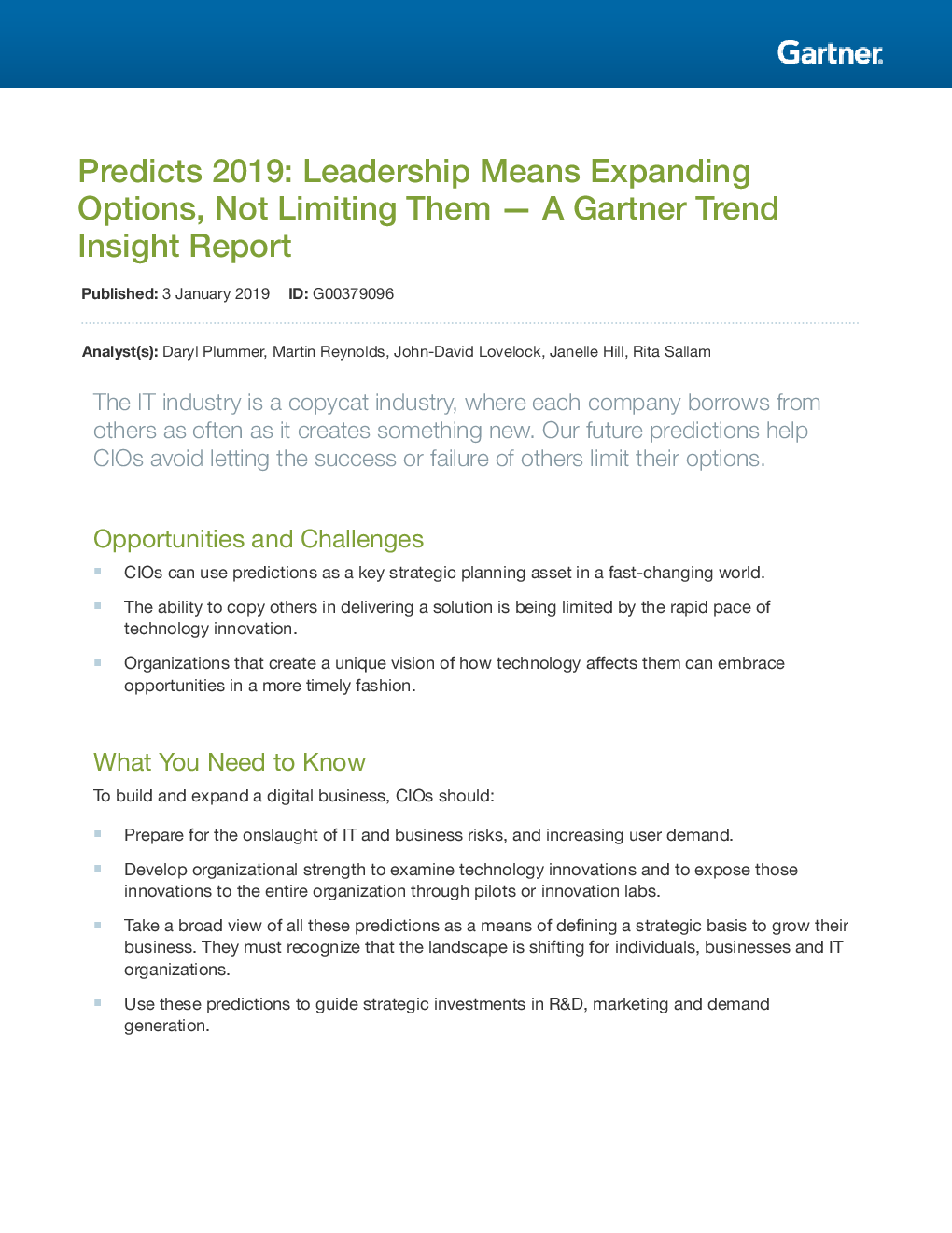 预测2019：领导力意味着扩大选择范围，而不是限制他们— Gartner趋势洞察报告