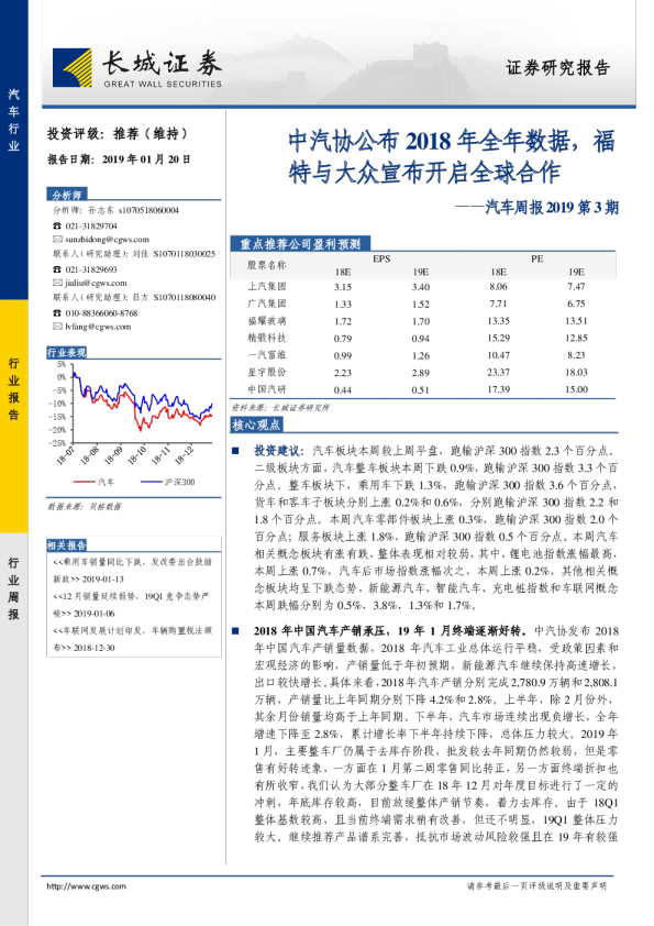 汽车周报2019第3期:中汽协公布2018年全年数据,福特与大众宣布开启全球合作