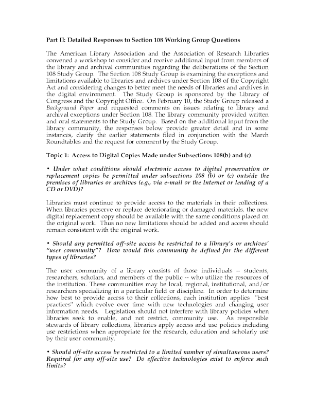 Part II: Detailed Responses to Section 108 Working Group Questions