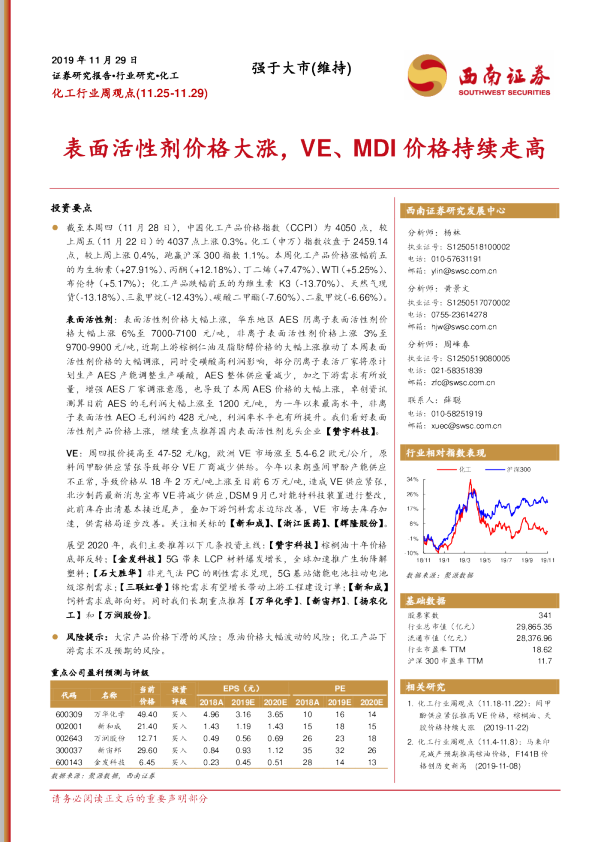 化工行业周观点：表面活性剂价格大涨，VE、MDI价格持续走高