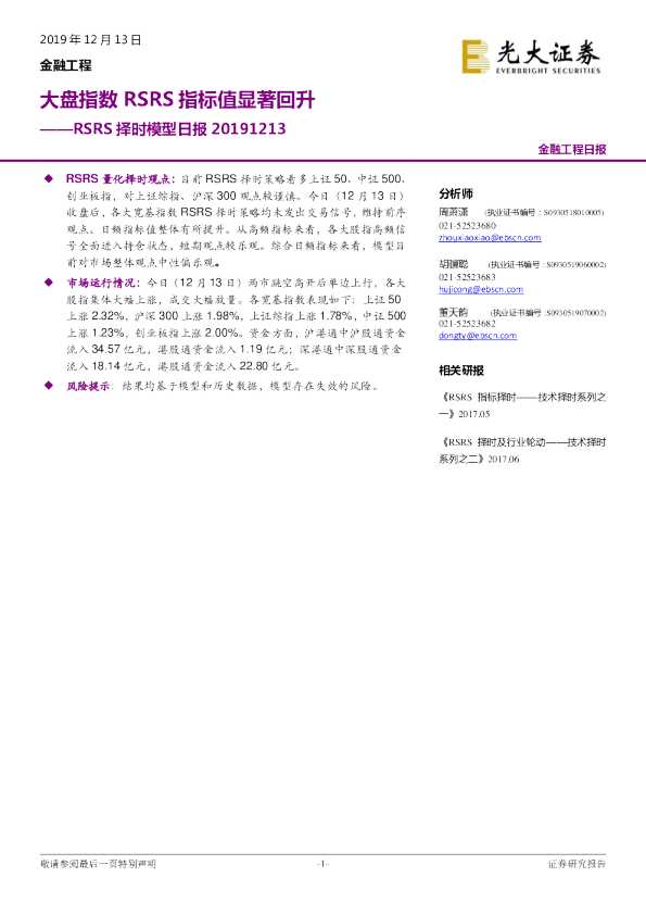 RSRS择时模型日报：大盘指数RSRS指标值显著回升
