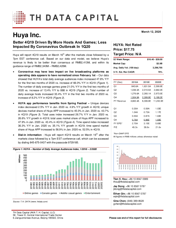 Huya Inc.（HUYA.US）更好的主持人和游戏带动了4Q19的增长； 20年1季度冠状病毒爆发的影响较小