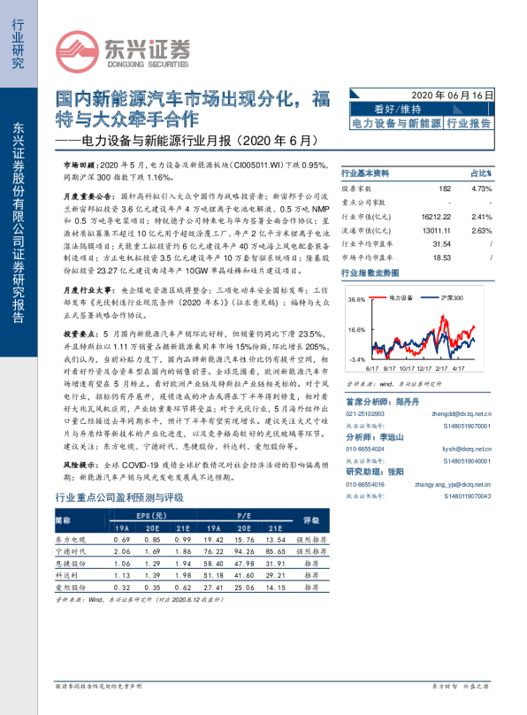 电力设备与新能源行业月报：国内新能源汽车市场出现分化，福特与大众牵手合作