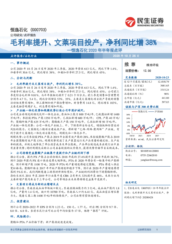 2020年半年报点评:毛利率提升、文莱项目投产,净利同比增38