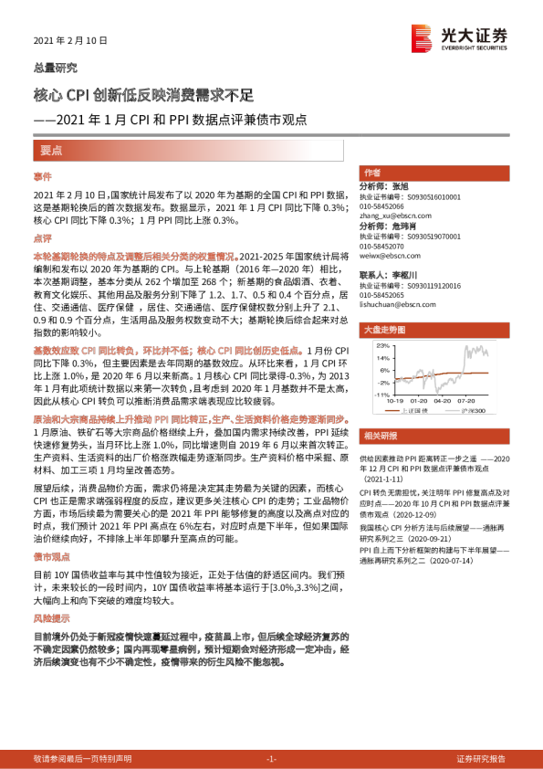 2021年1月CPI和PPI数据点评兼债市观点：核心CPI创新低反映消费需求不足
