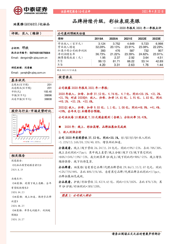 2020年报及2021年一季报点评：品牌持续升级，彩妆表现亮眼