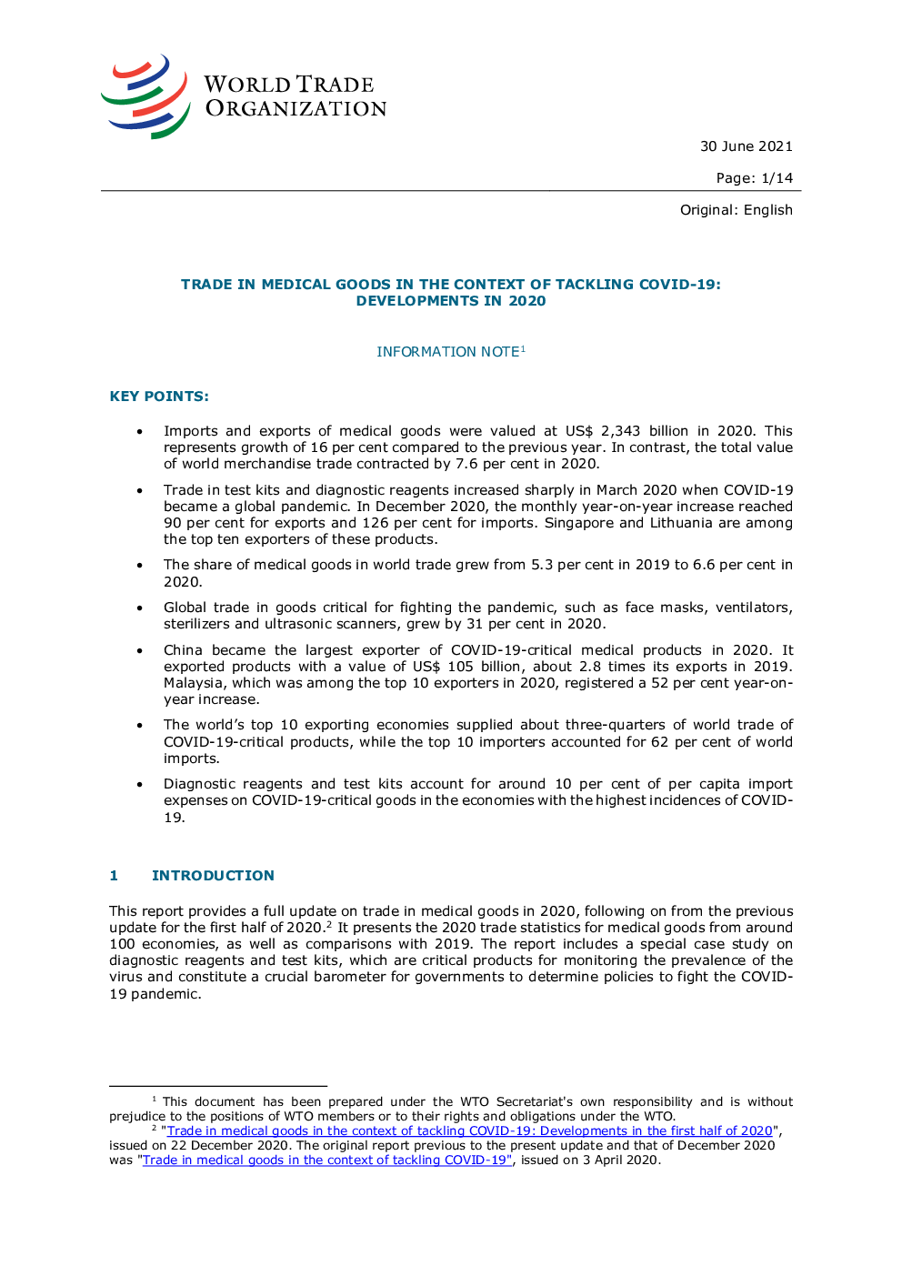 WTO发布COVID-19背景下的医疗产品贸易最新信息