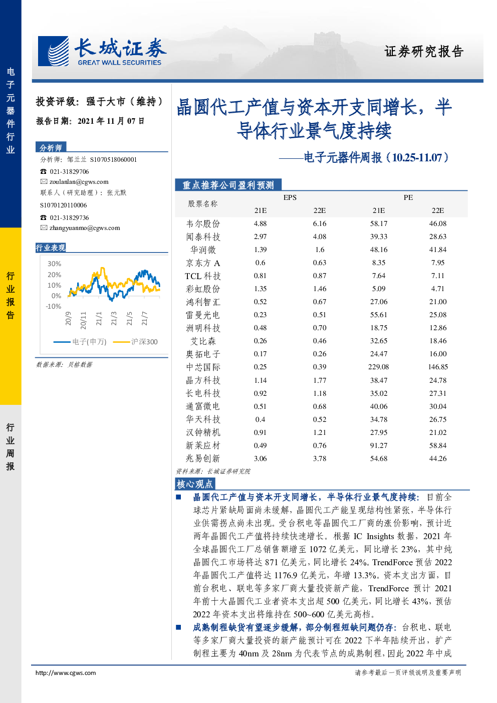 电子元器件行业周报:晶圆代工产值与资本开支同增长,半导体行业景气度持续