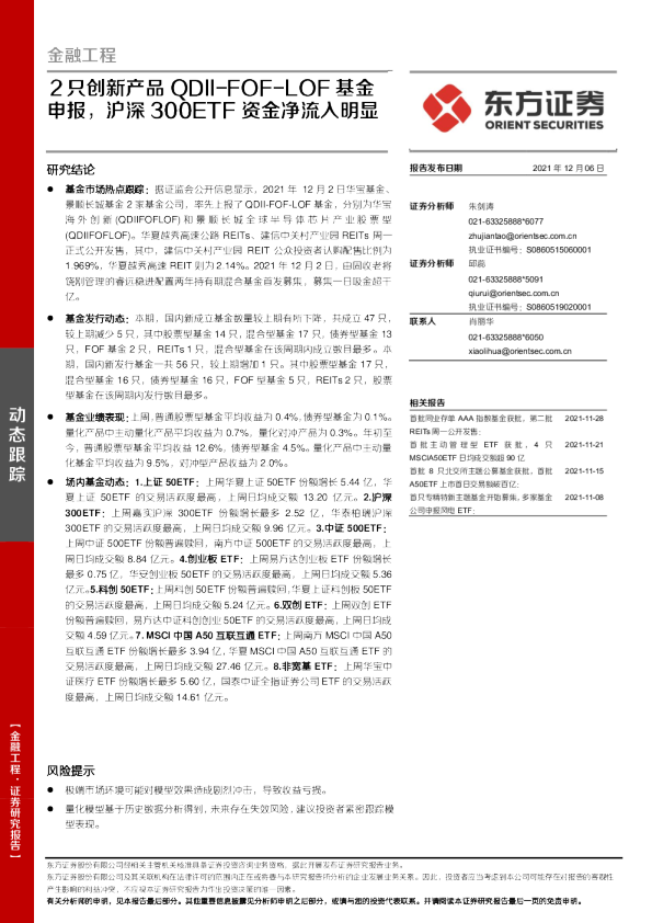 2只创新产品QDII-FOF-LOF基金申报，沪深300ETF资金净流入明显