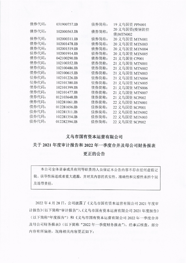 义乌市国有资本运营有限公司关于2021年度审计报告和2022年一季度合并及母公司财务报表更正的公告及更正后的报表